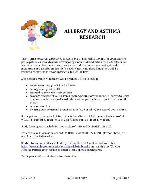 Allergy and Asthma Study | Lung Saskatchewan